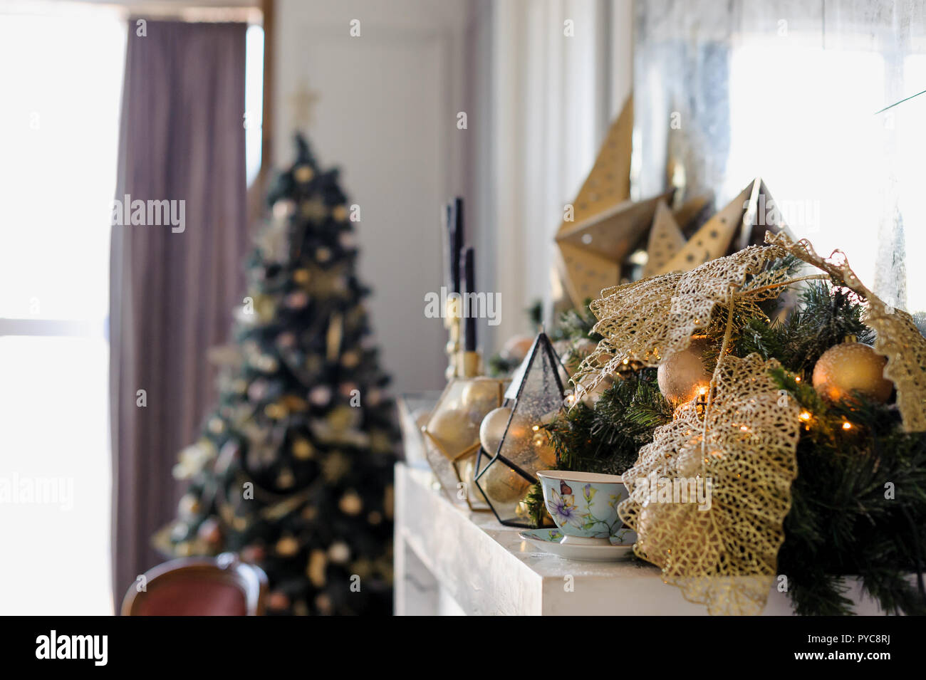 New Year's interior decoration. room in a festive style with New Year ...
