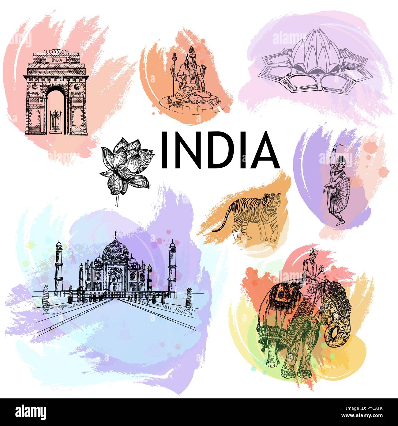 Set of hand drawn sketch style India themed objects isolated on white ...