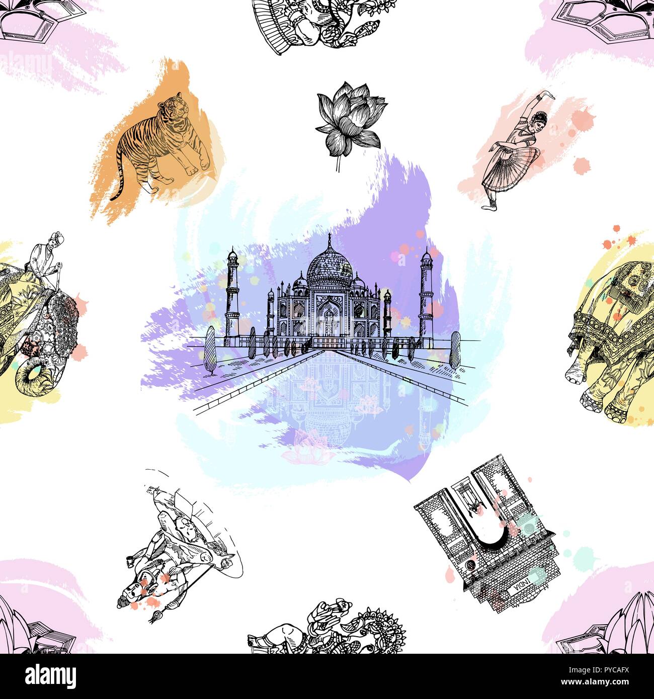 Seamless pattern of hand drawn sketch style India themed objects ...