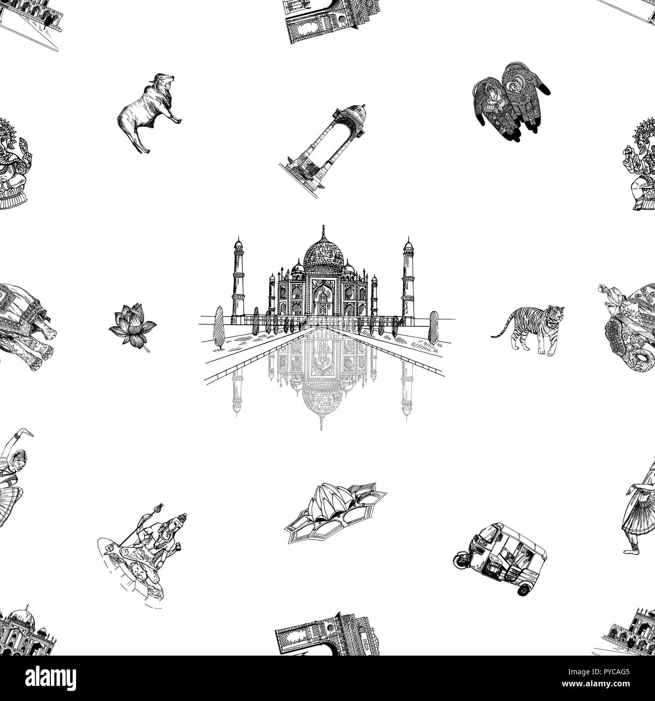 Seamless pattern of hand drawn sketch style India themed objects ...