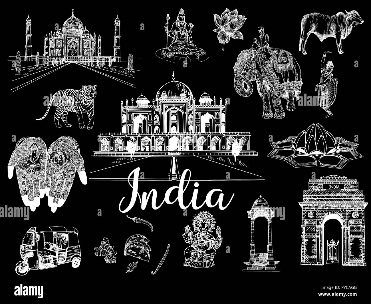 Set of hand drawn sketch style India themed objects isolated on black ...