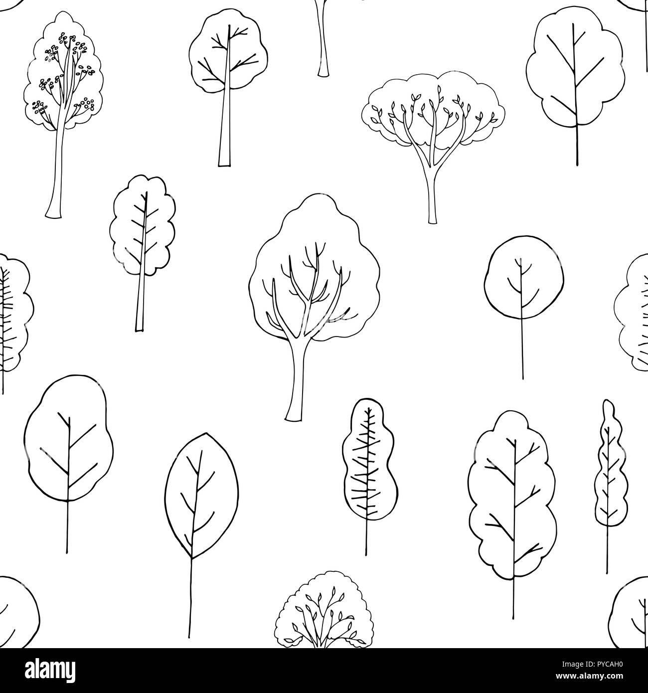 Seamless pattern of hand drawn doodle style trees isolated on white ...