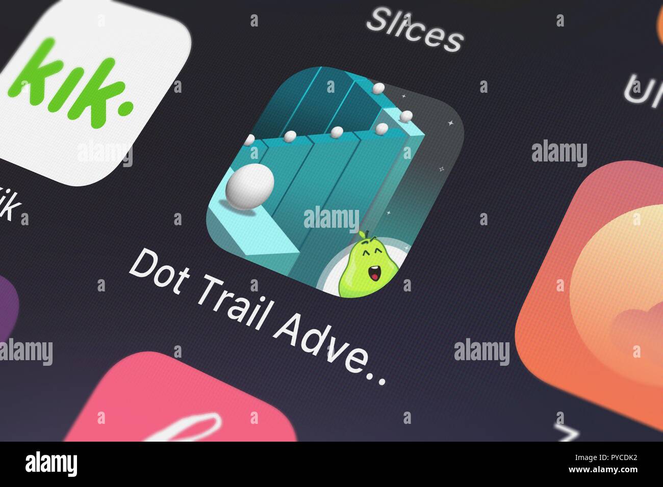 London, United Kingdom - October 26, 2018: Close-up shot of the Dot Trail Adventure mobile app ...