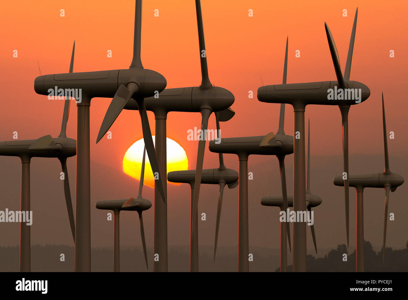 3D rendering of a wind farm at sunset Stock Photo - Alamy