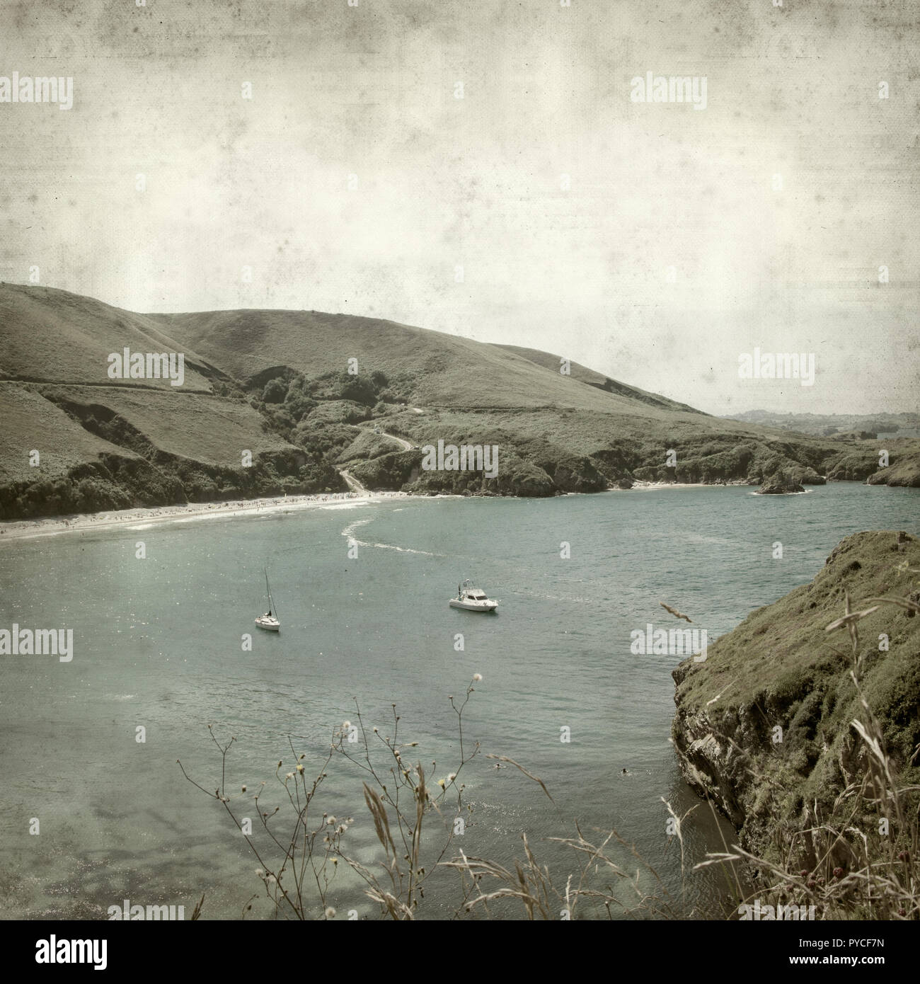 textured old paper background with coastal landscapes of Asturias ...