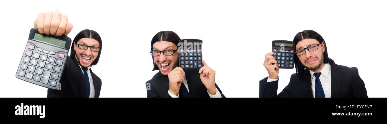 Man with calculator isolated on white Stock Photo - Alamy