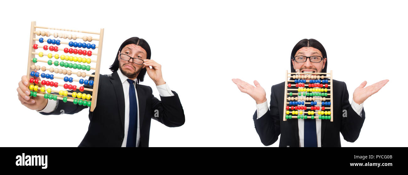 Funny man with calculator and abacus Stock Photo - Alamy