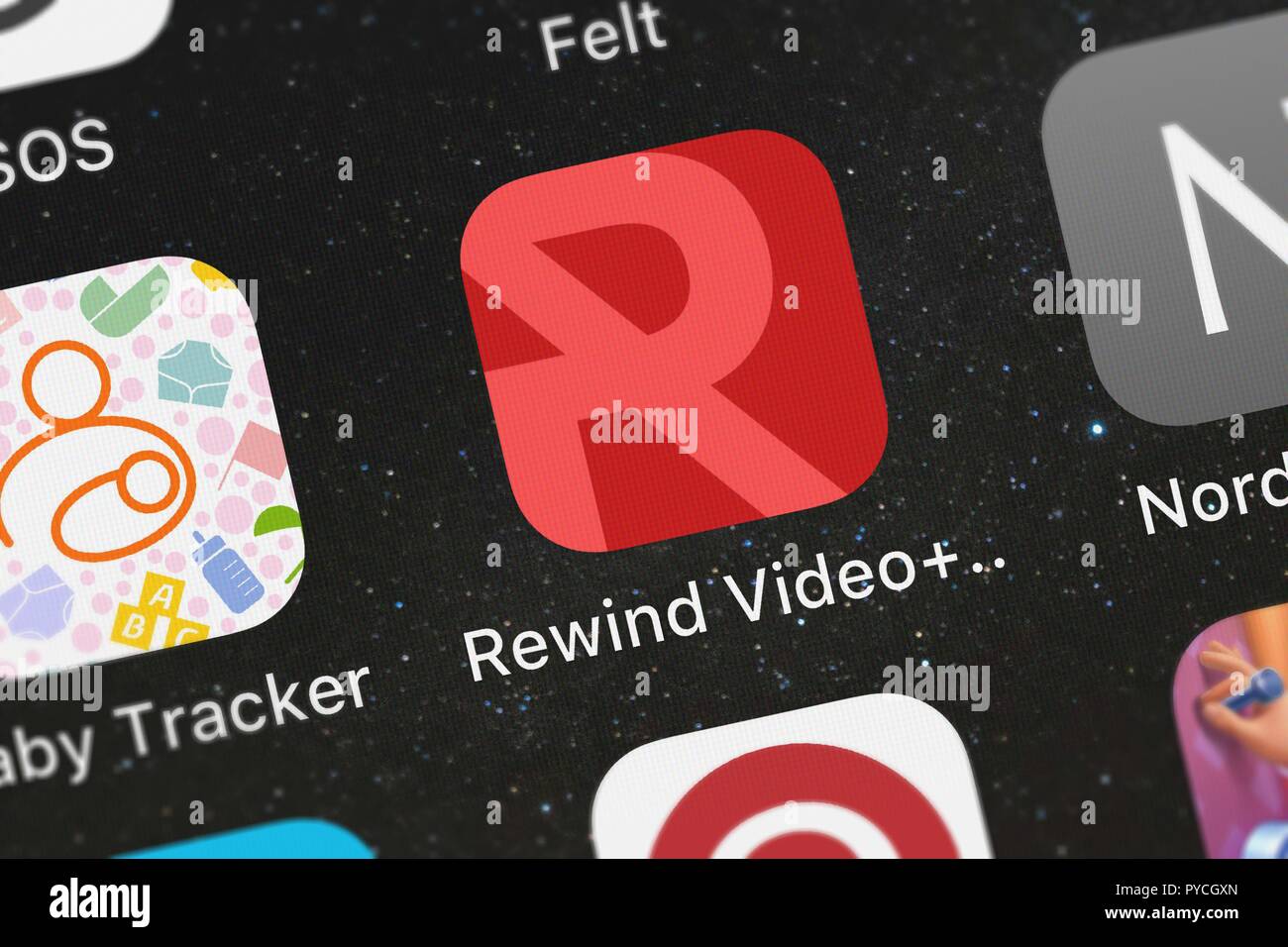 London, United Kingdom - October 26, 2018: Close-up of the Rewind ...