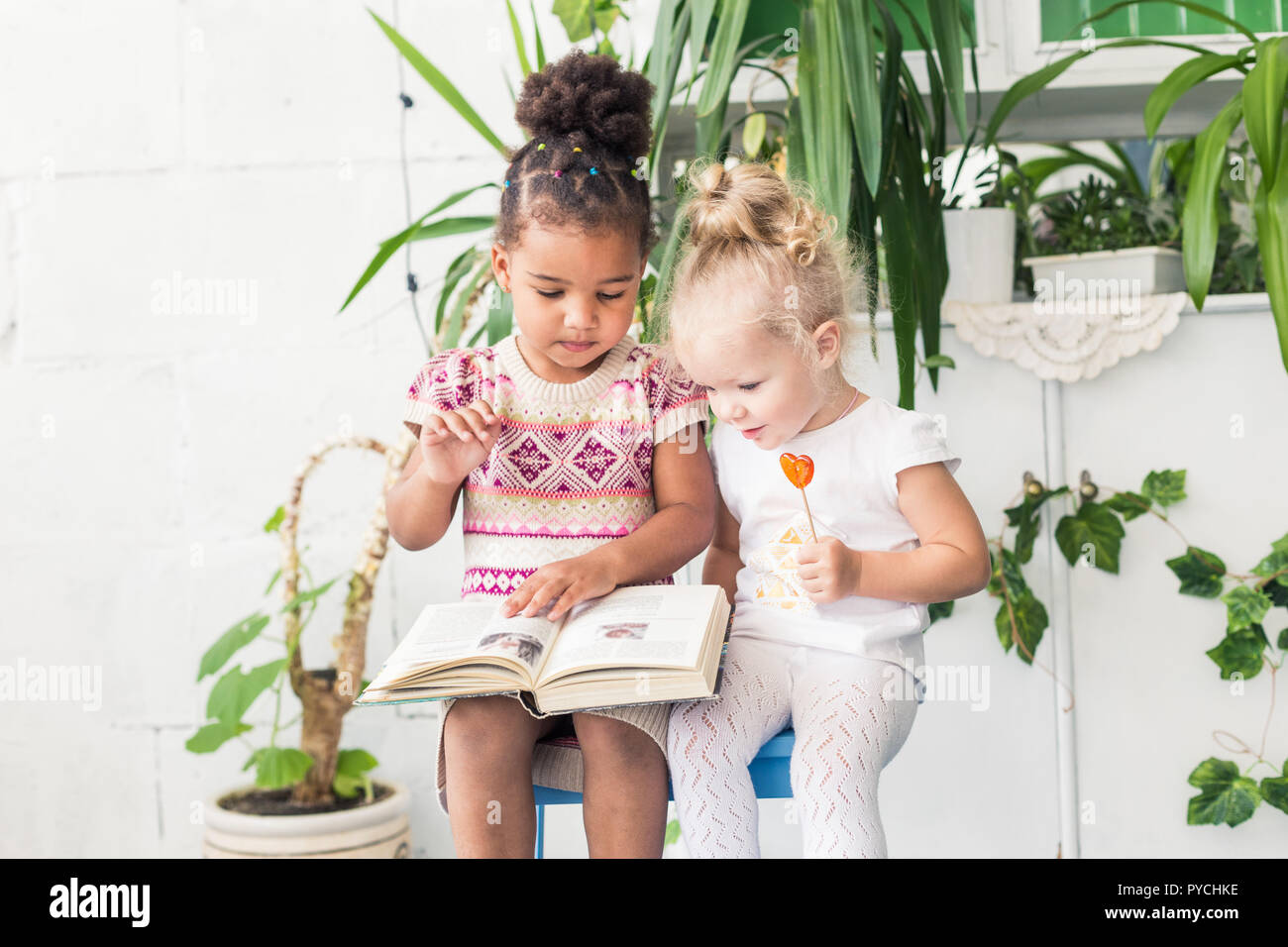 Two little girls read a book on the background of plants in pots ...