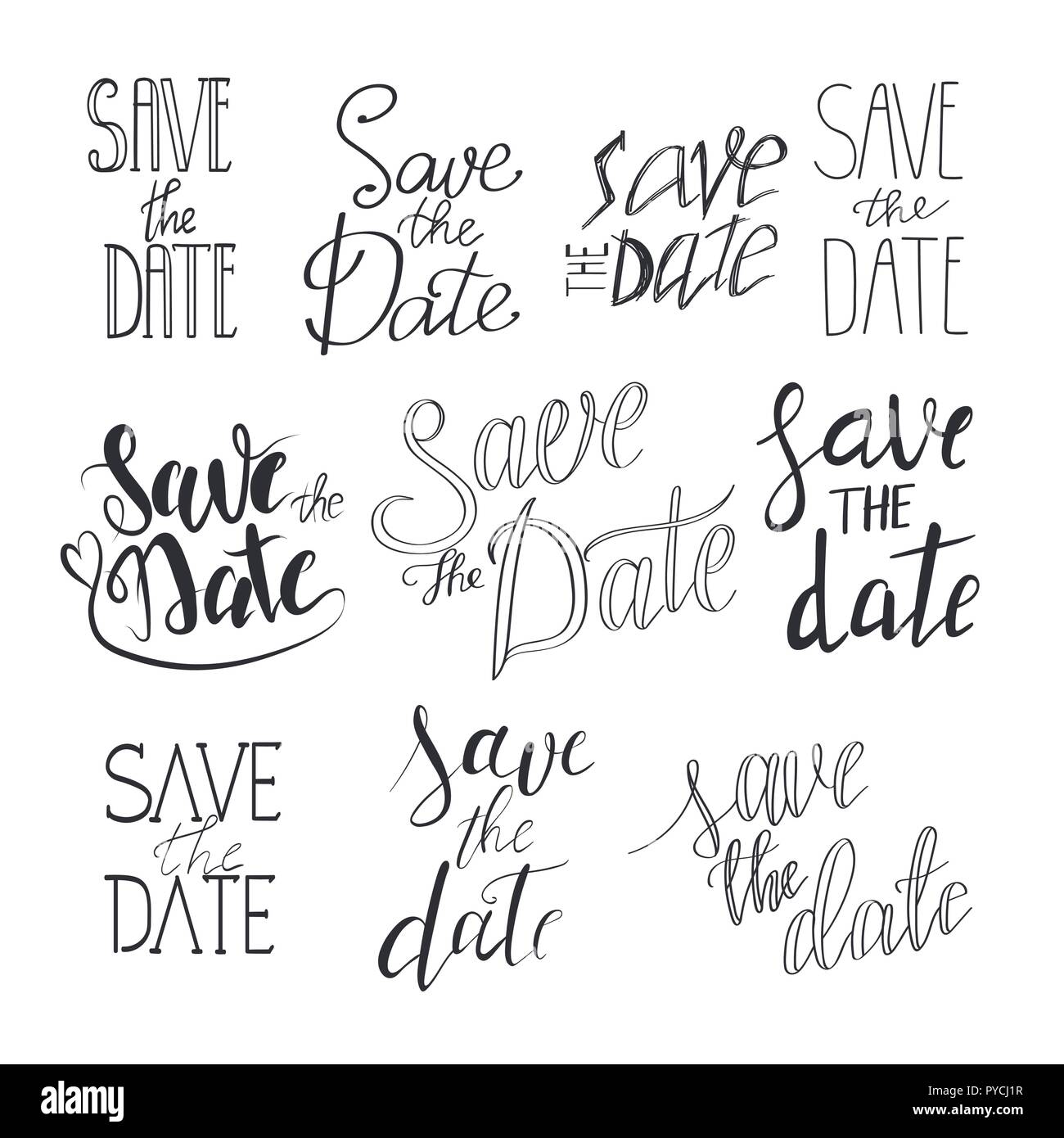 Save the date hand drawn lettering collection. Set of calligraphy text variants for invitations ...