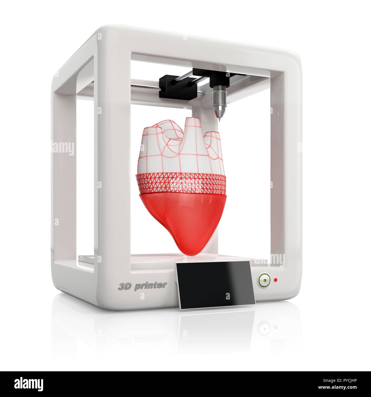 Bioprinting, illustration. Process of creating human hearts using 3D ...