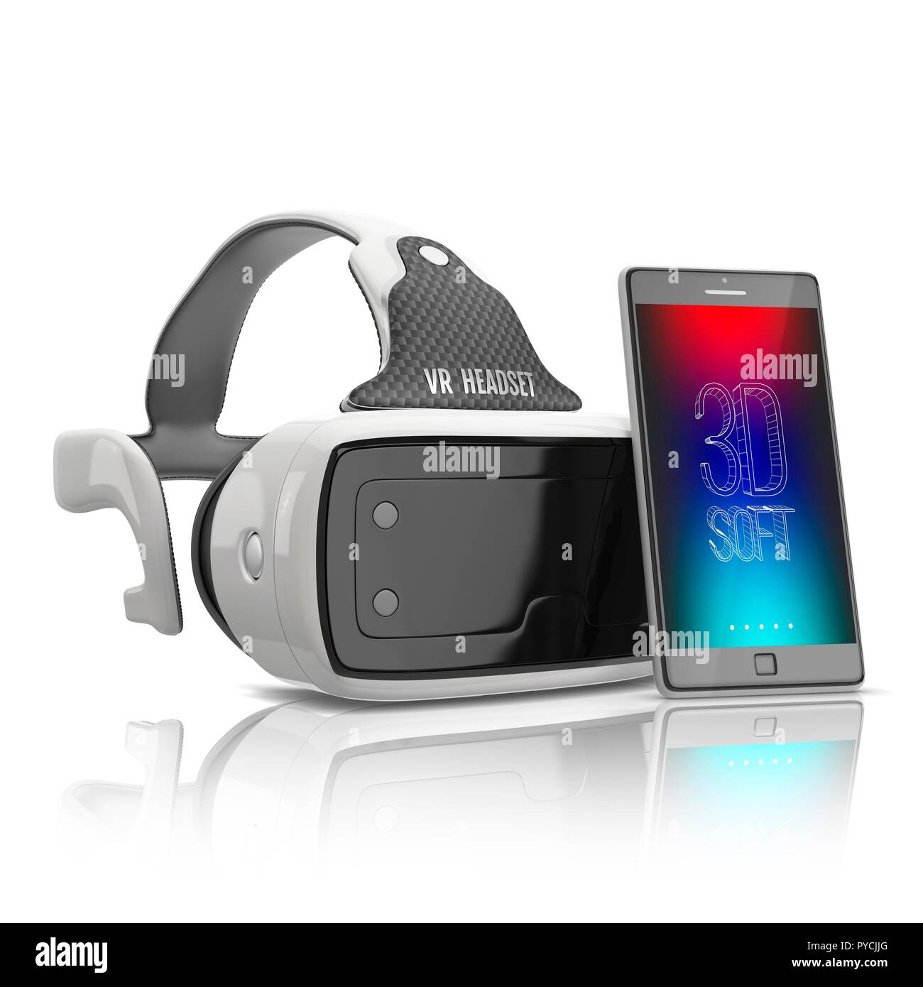 Virtual reality headset and smartphone on white background ...