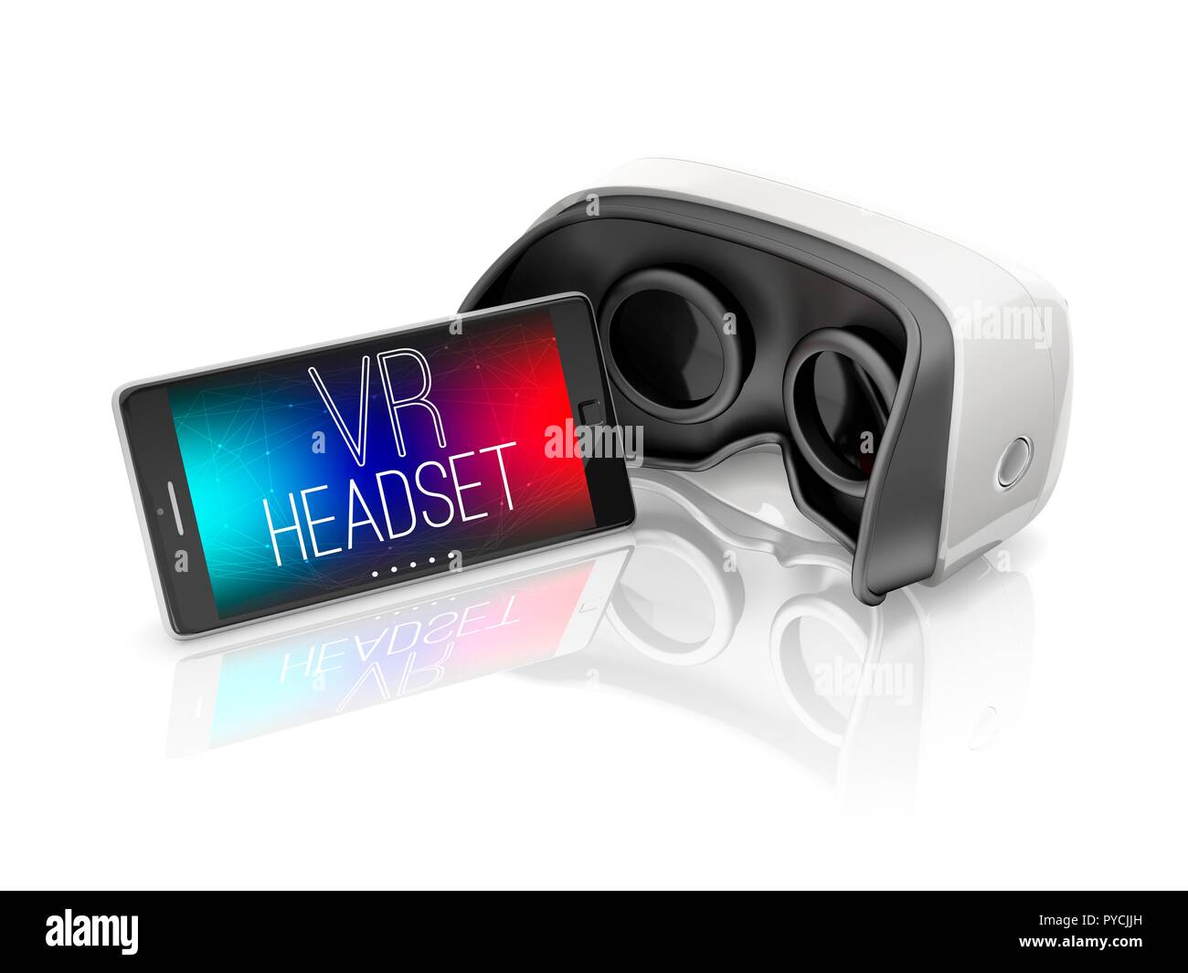 Virtual reality headset and smartphone on white background ...