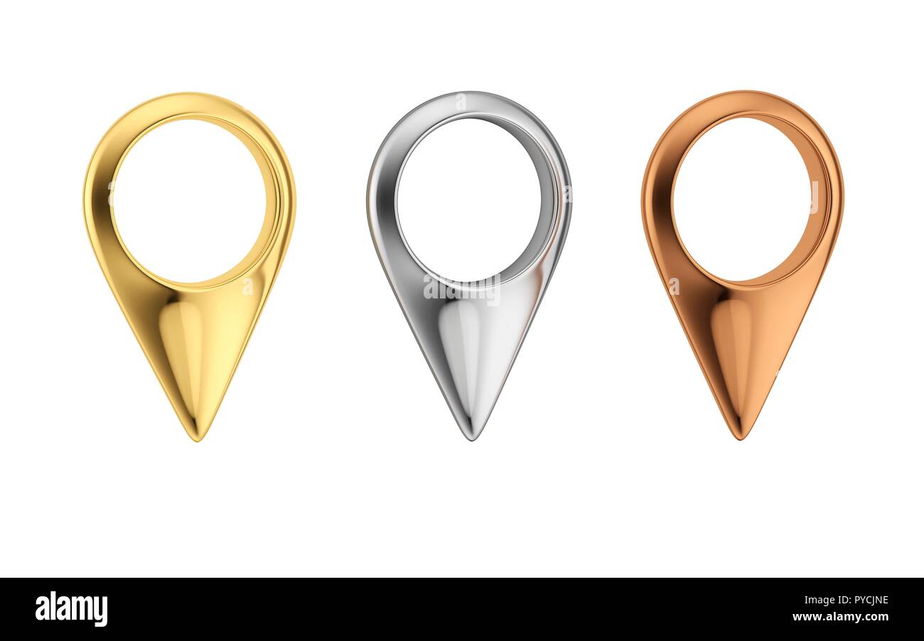 Gold, silver and bronze location pins, illustration Stock Photo - Alamy