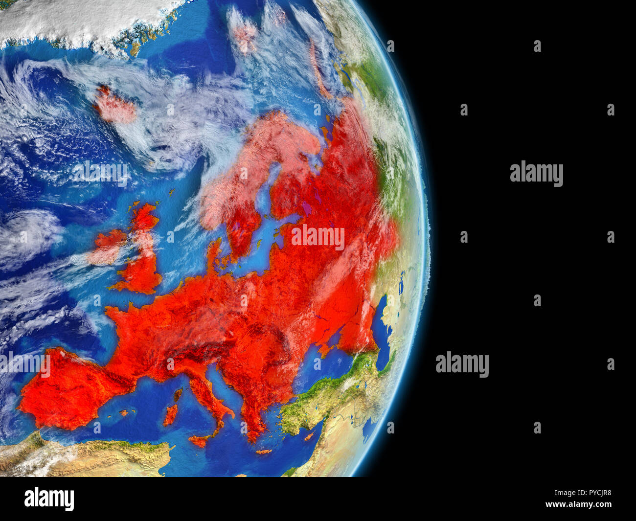 Europe on planet Earth with highly detailed planet surface and clouds ...