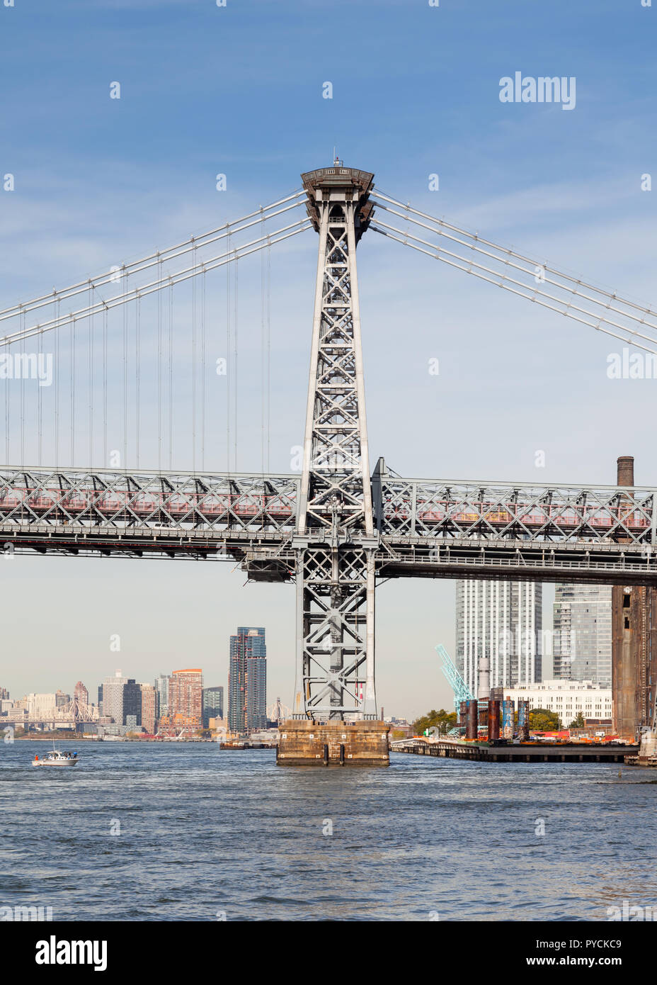 A close up view of Williamsburg Bridge in New York City. The bridge ...