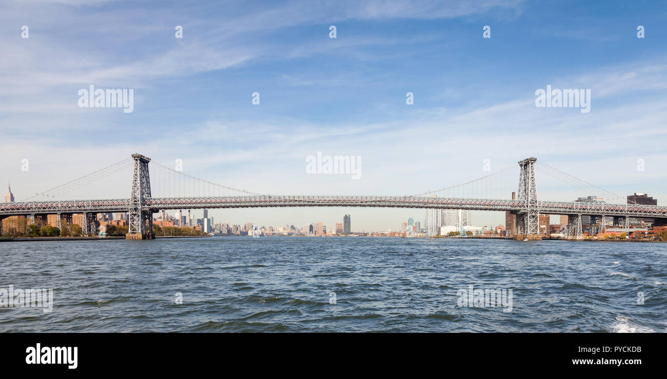A wide angle view of Williamsburg Bridge in New York City. The bridge spans the East River ...