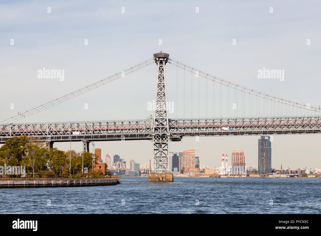 A view of Williamsburg Bridge in New York City. The bridge spans the East River connecting the ...