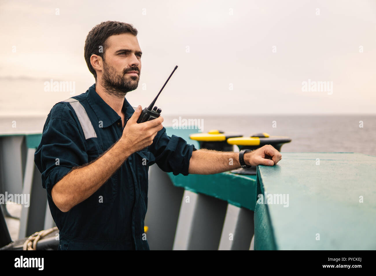 Marine Deck Officer or Chief mate on deck of vessel or ship Stock Photo ...