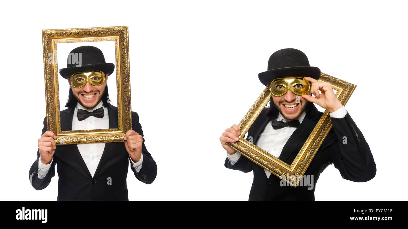 Funny man with picture frame on white Stock Photo - Alamy