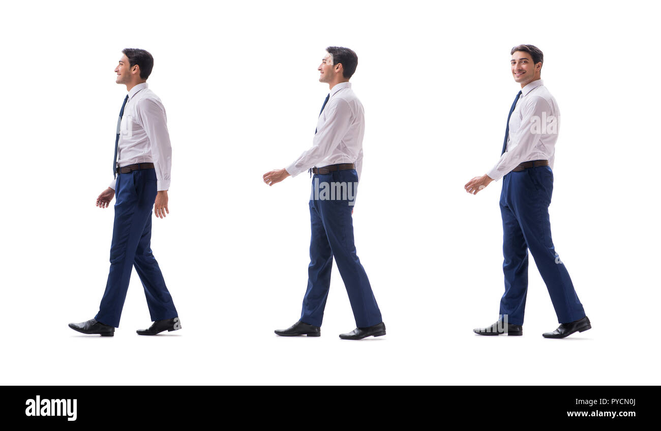 Businessman walking standing side view isolated on white background ...