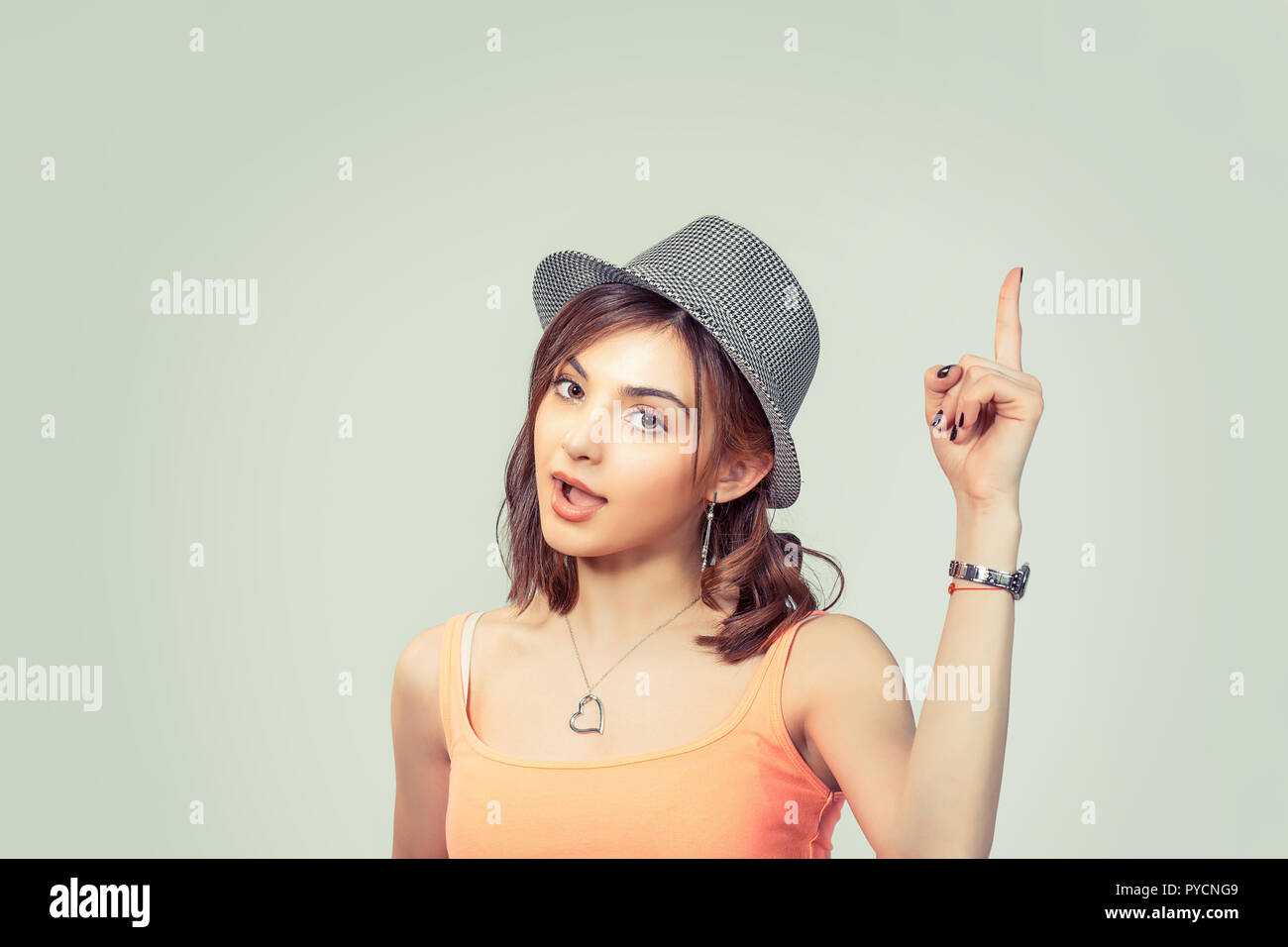 Thinking girl having idea. Closeup portrait intelligent beautiful cute ...