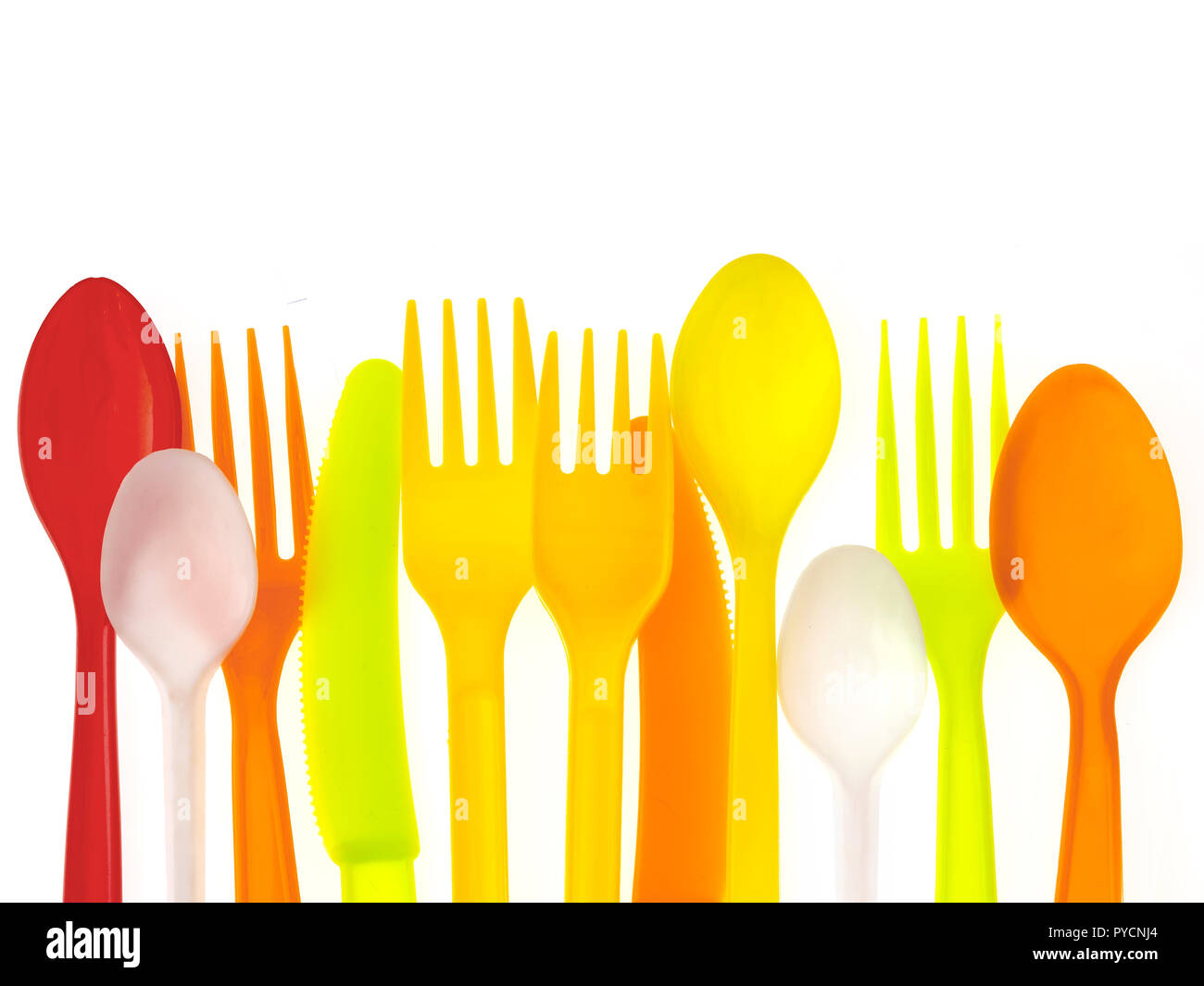 Colorful plastic cutlery isolated on white background, as EU parliament ...