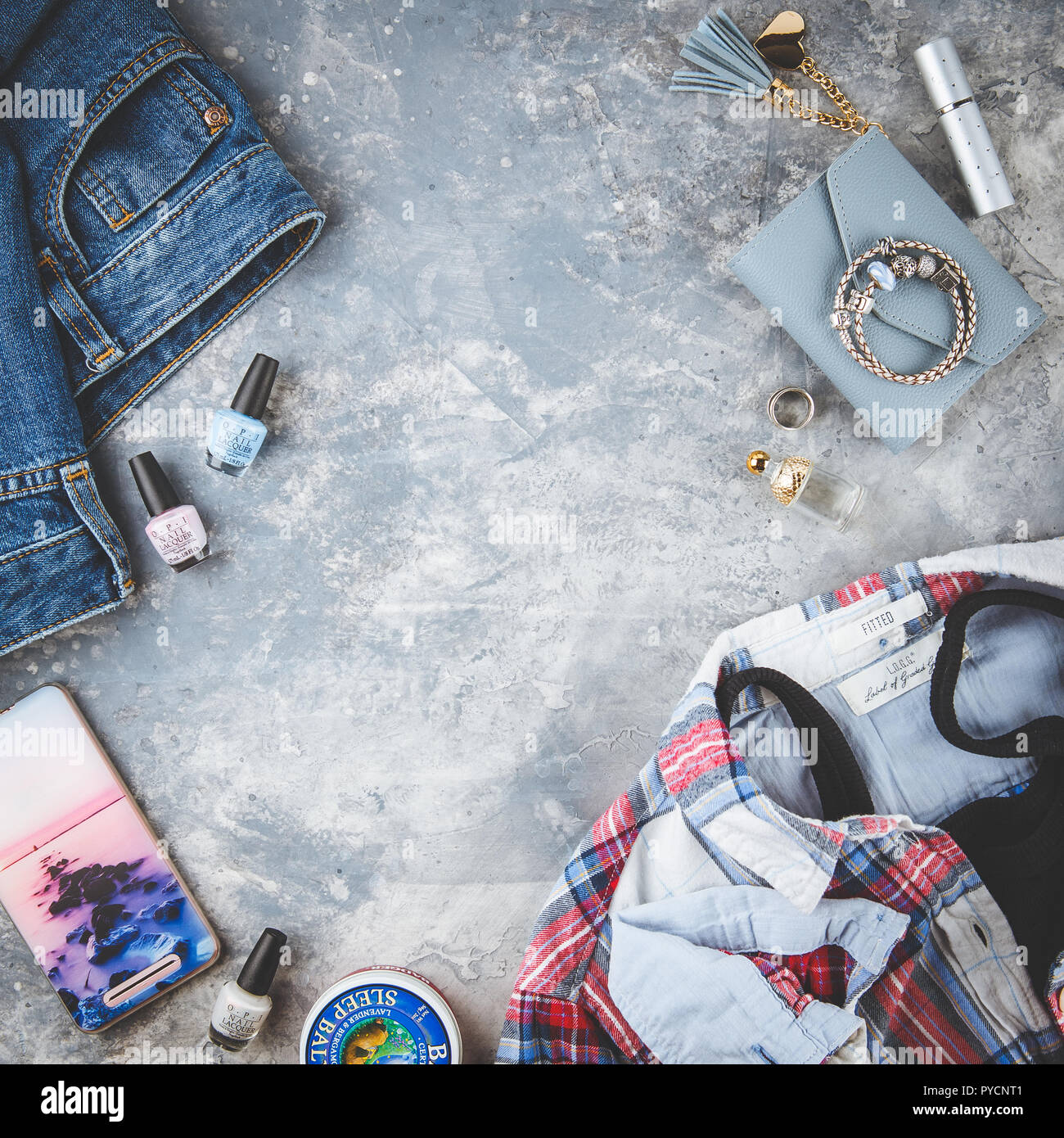 Women fashion clothes and accessories. Flat lay female casual style ...