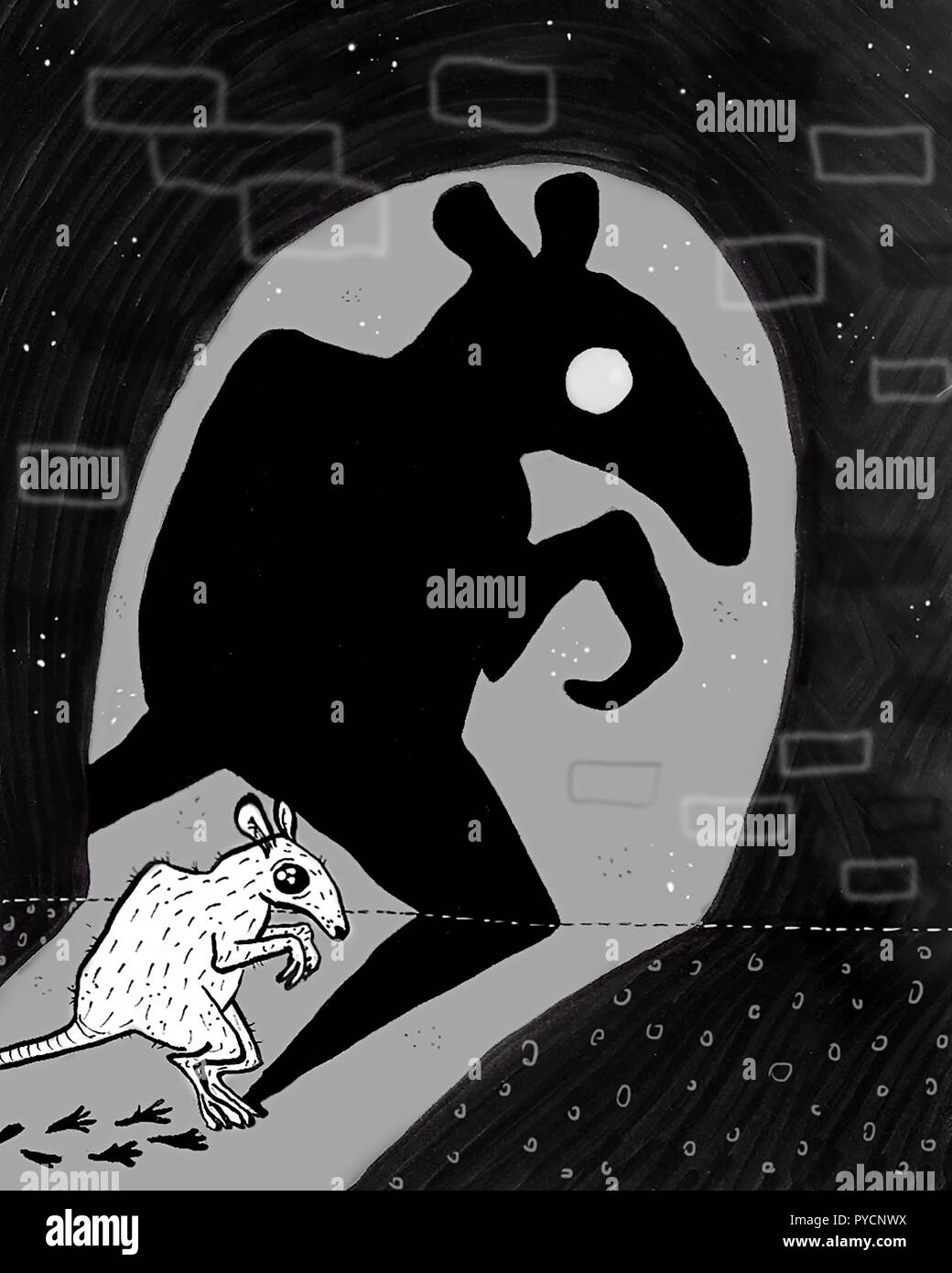 Crouching rat and her shadow and its traces on the black background ...