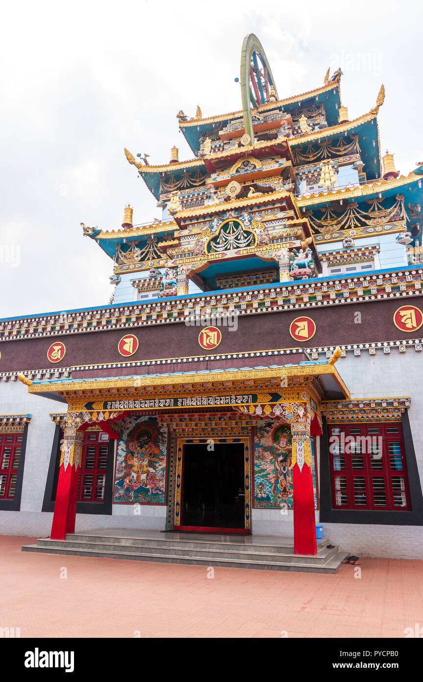 Bylakuppe, Karnataka, India - January 9, 2015: Entrance temple building ...