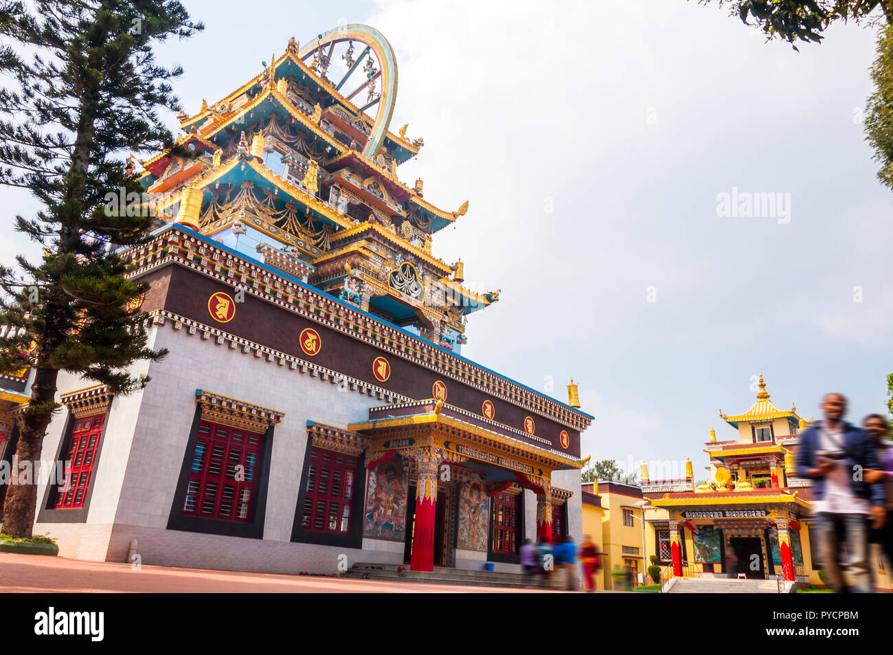 Bylakuppe, Karnataka, India - January 9, 2015: Entrance temple building ...