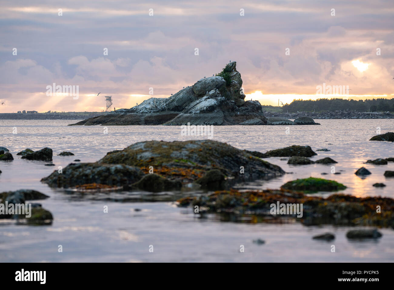 Sunset over Tillamook bay in Oregon. Rock formation sticking out of the ...