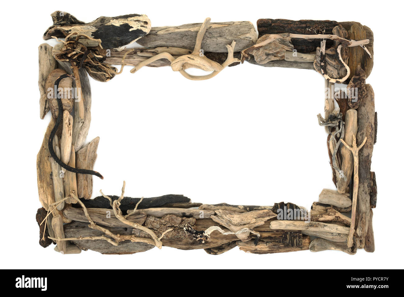 Rustic driftwood frame forming a background border on white with copy ...