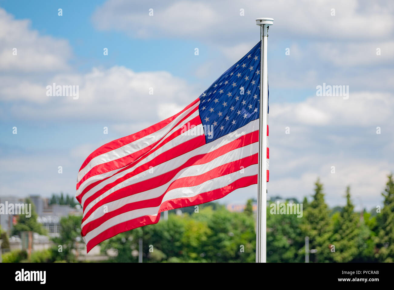 American flag on the landscape background with trees and blue cloudy ...