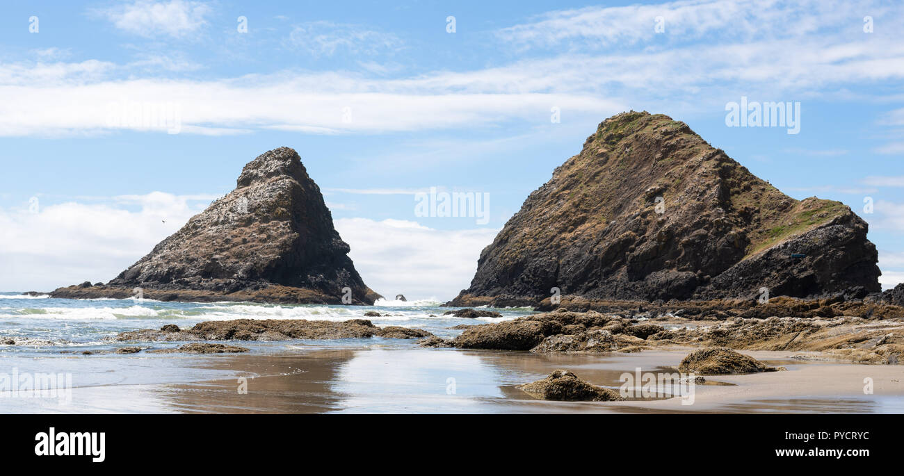 Massive rock formation sticking out of Pacific ocean. Home to cormorant ...