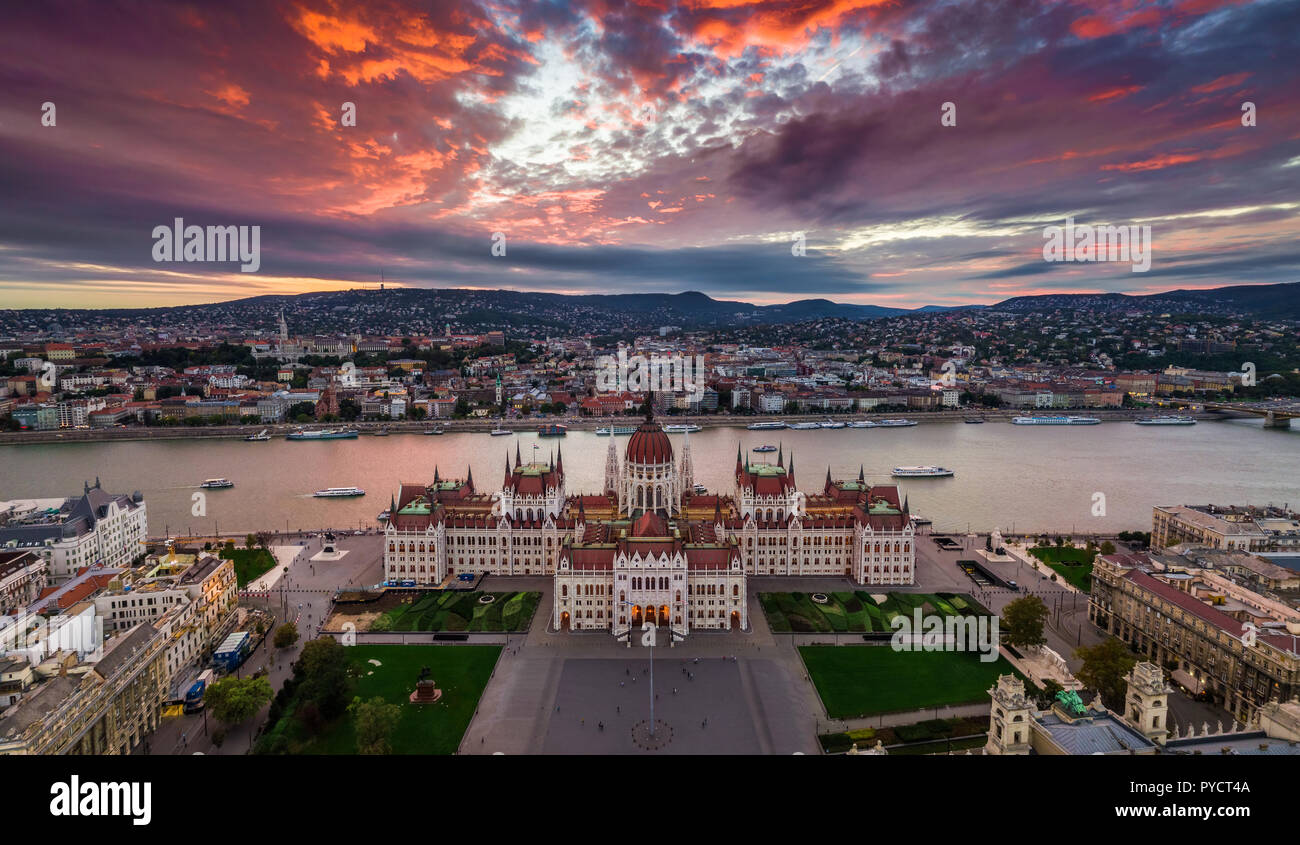 Budapest, Hungary - Aerial panoramic view of the Parliament of Hungary ...