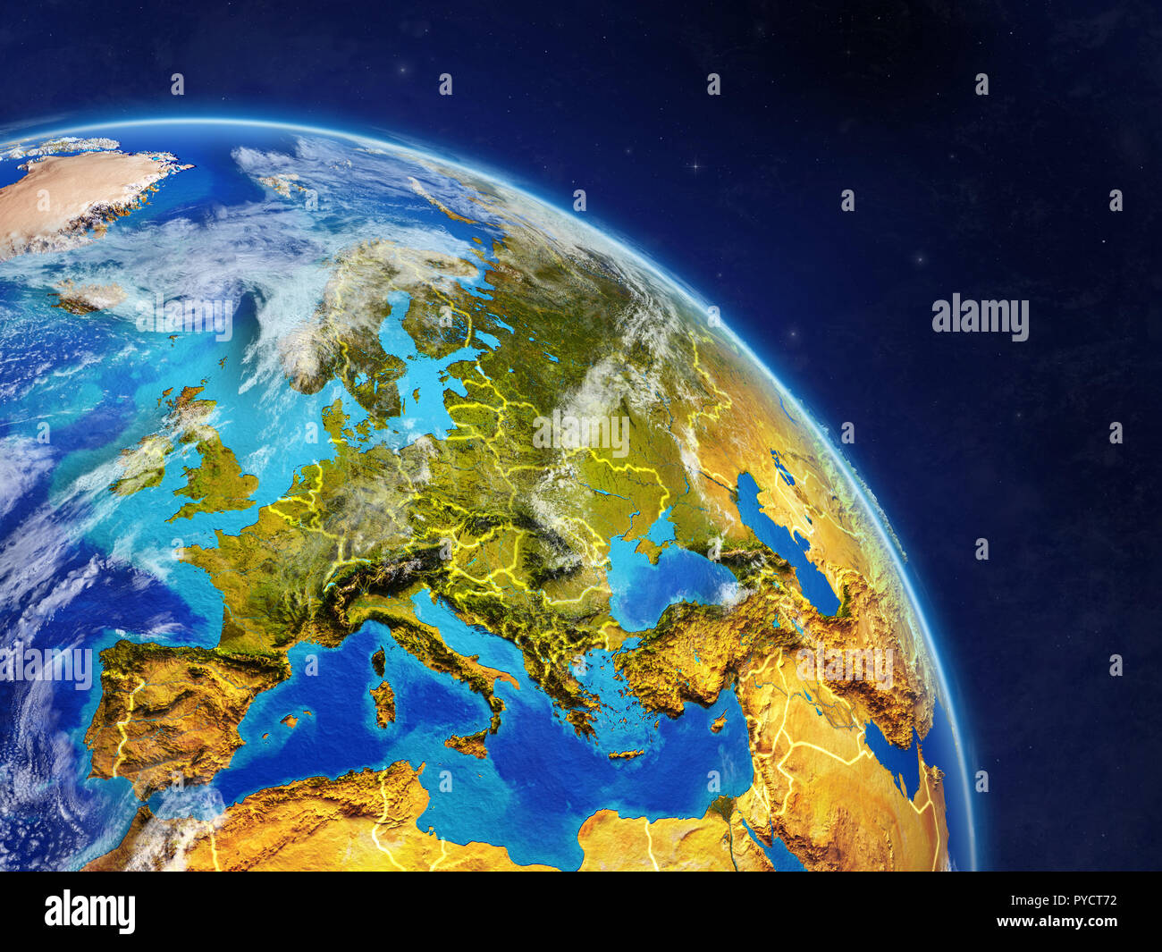 Europe from space. Planet Earth with country borders and extremely high ...