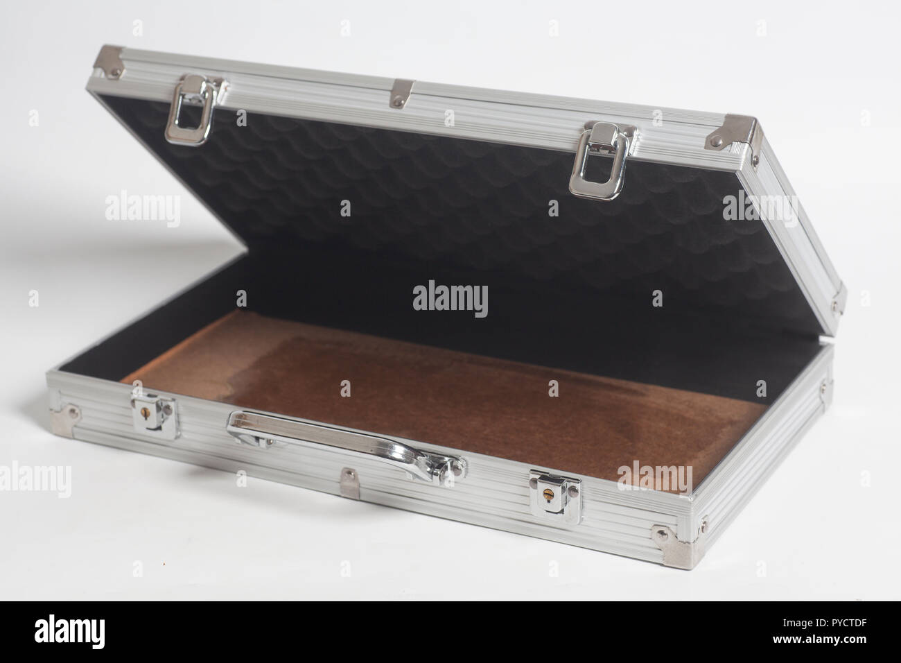 Open Silver Suitcase isolated on white background Stock Photo - Alamy