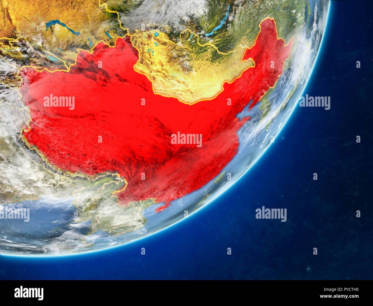 China on model of planet Earth with country borders and very detailed ...