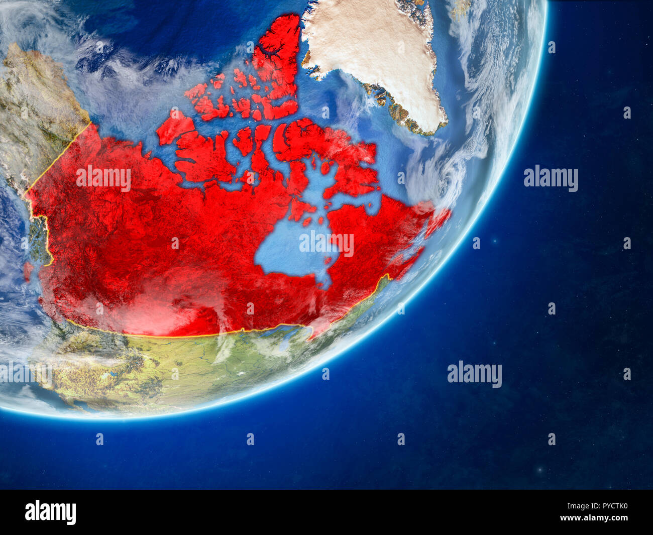 Canada on model of planet Earth with country borders and very detailed ...