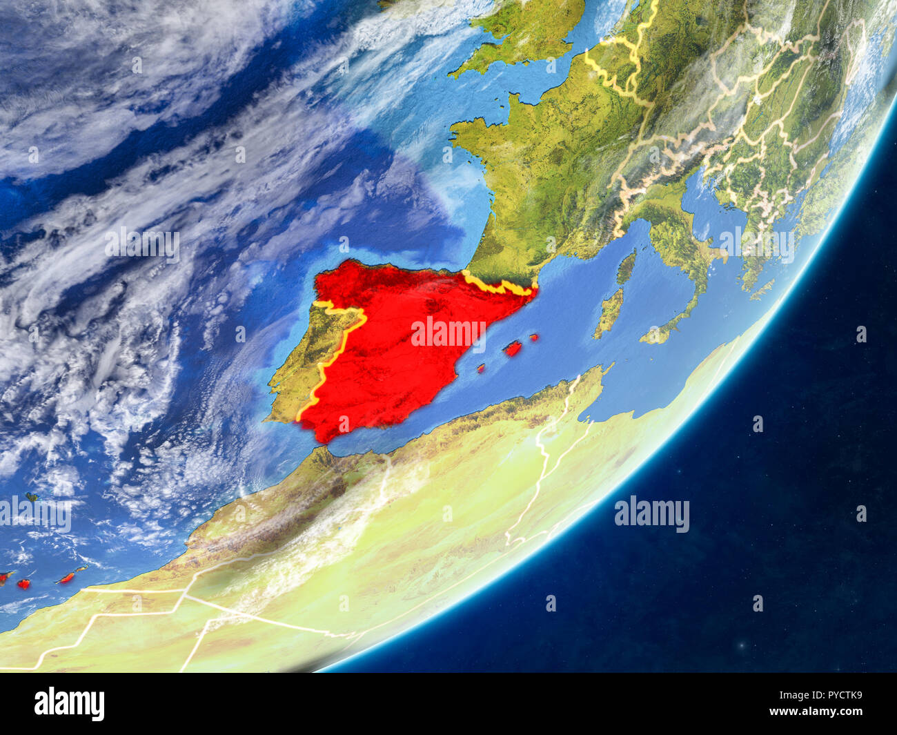 Spain on model of planet Earth with country borders and very detailed ...