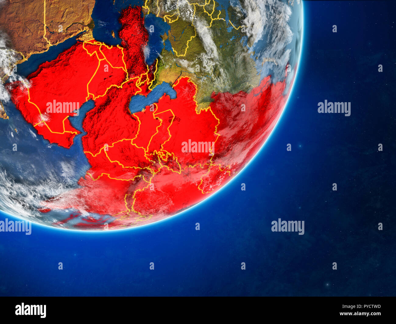 Asia on model of planet Earth with country borders and very detailed ...