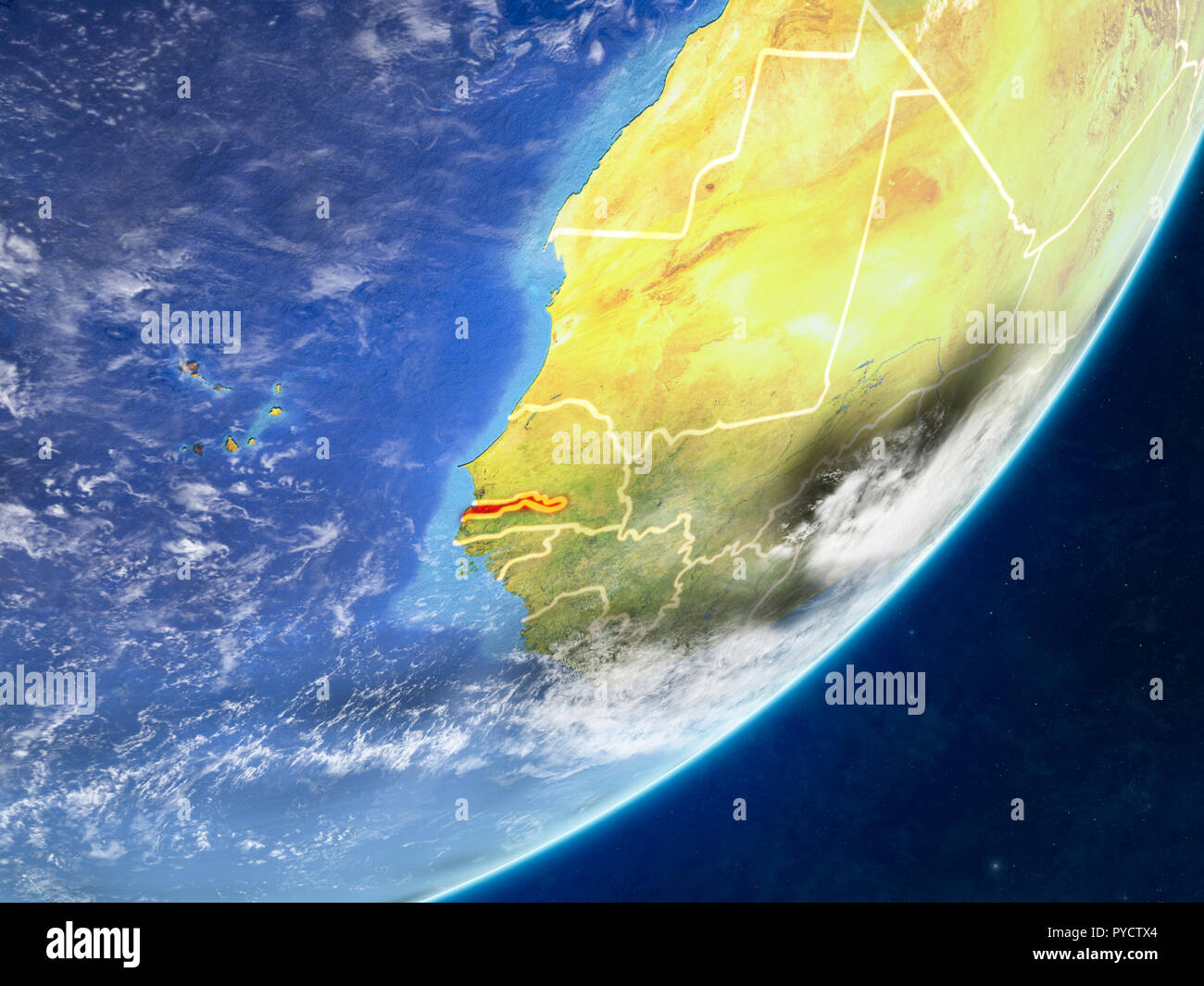Gambia on model of planet Earth with country borders and very detailed ...