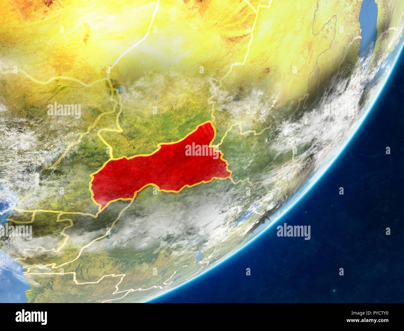 Central Africa on model of planet Earth with country borders and very ...