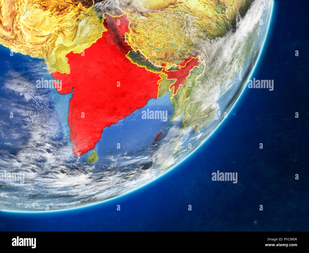 India on model of planet Earth with country borders and very detailed ...