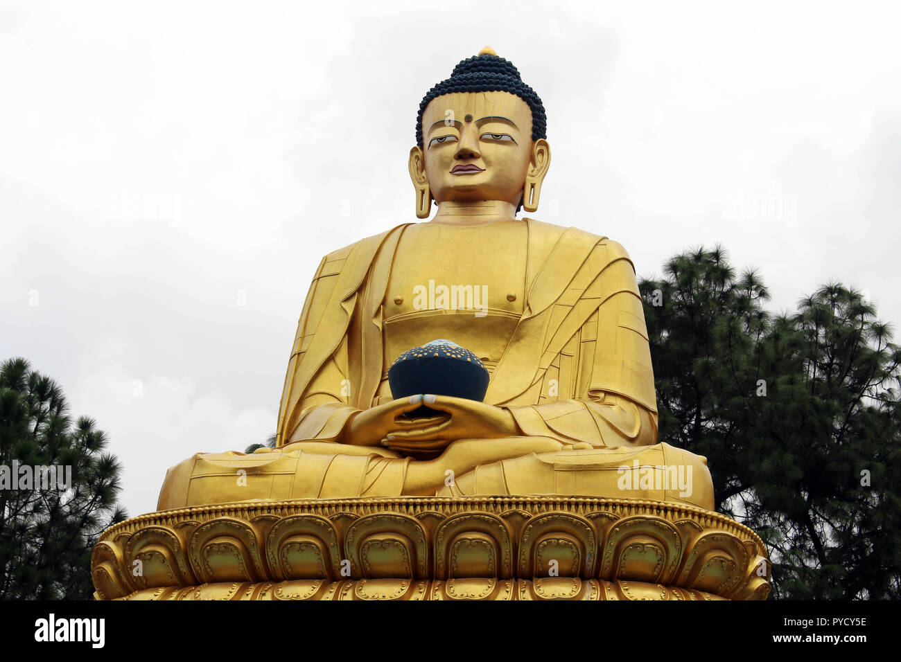 The golden Buddha statues and stupa at Amideva Park on the foothill of ...