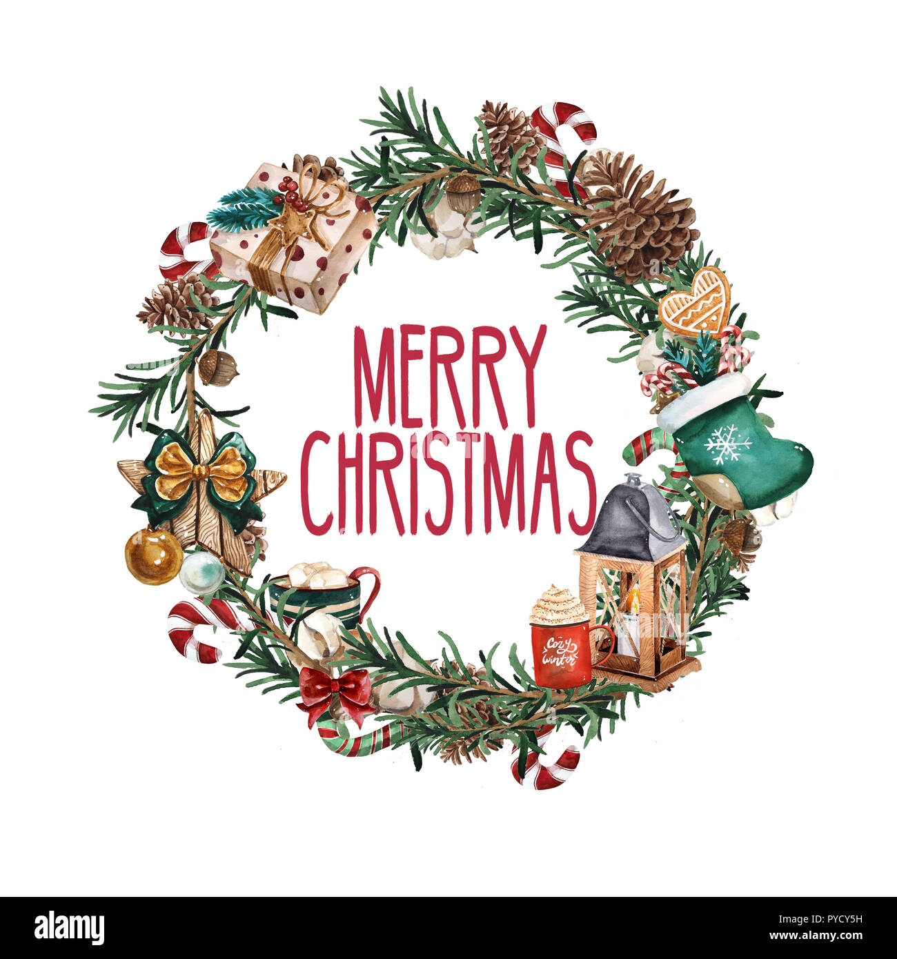 Merry christmas card. Wreath with pine branches and red berries, cotton ...