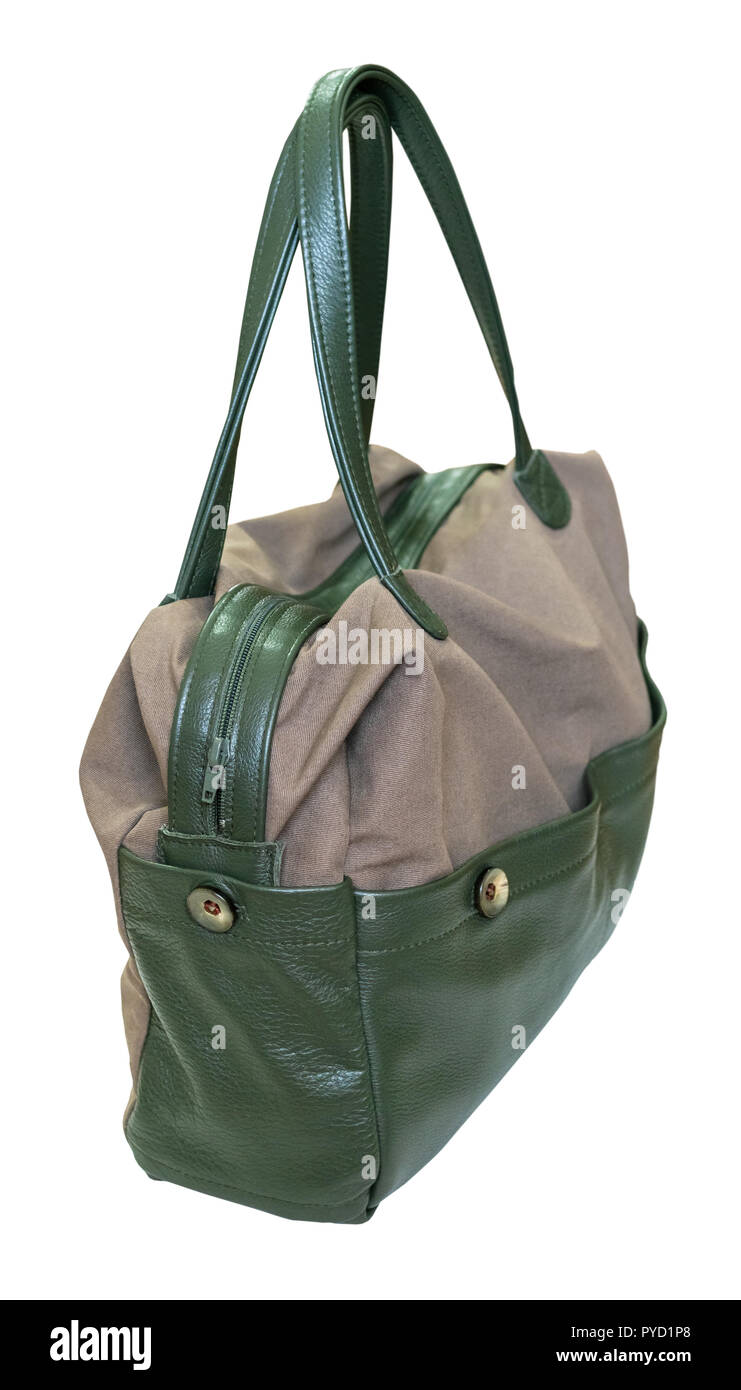 side view of new handmade combined textile and leather handbag cut out ...