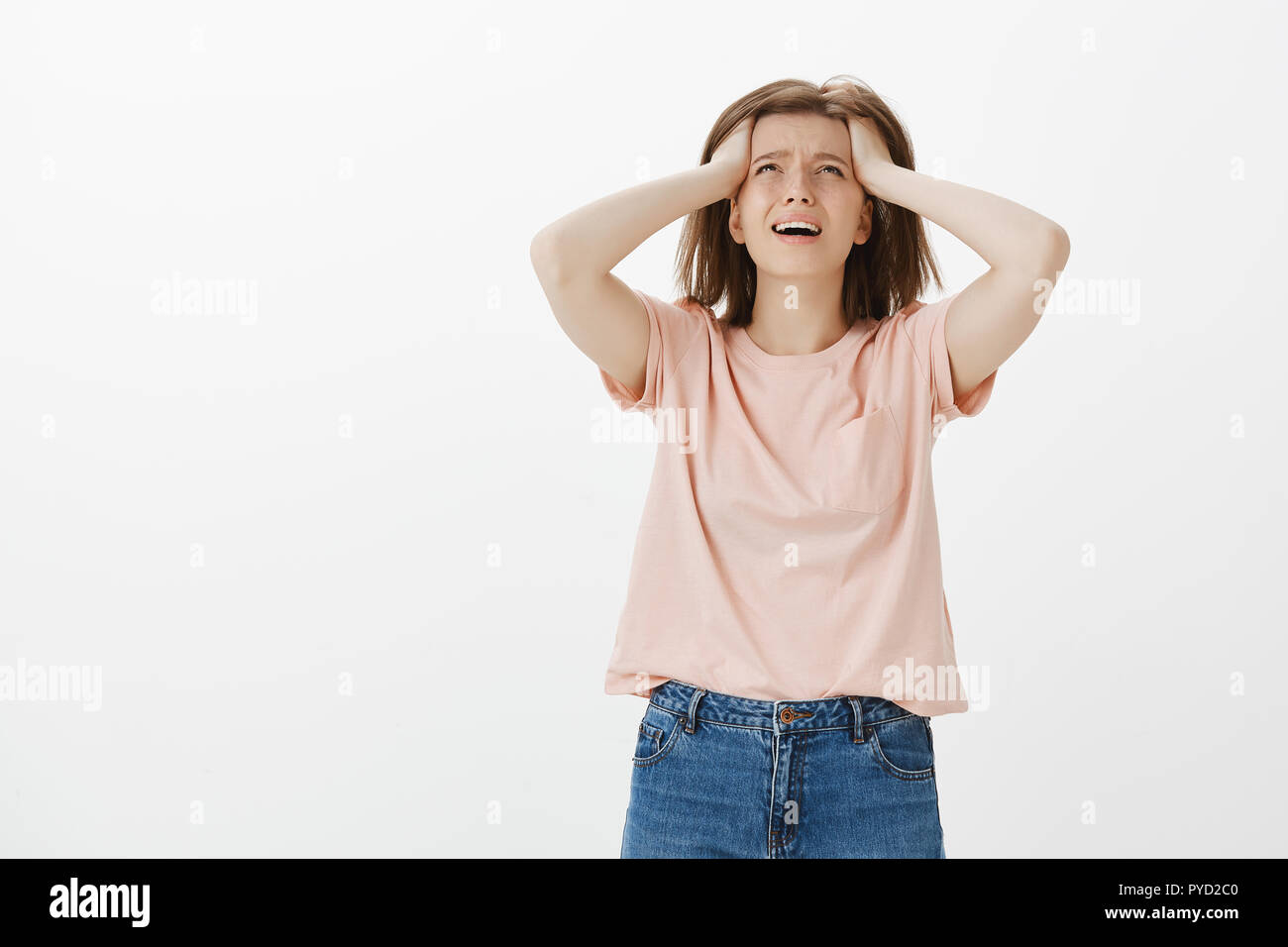 God why me. Portrait of miserable sad caucasian woman in casual outfit ...