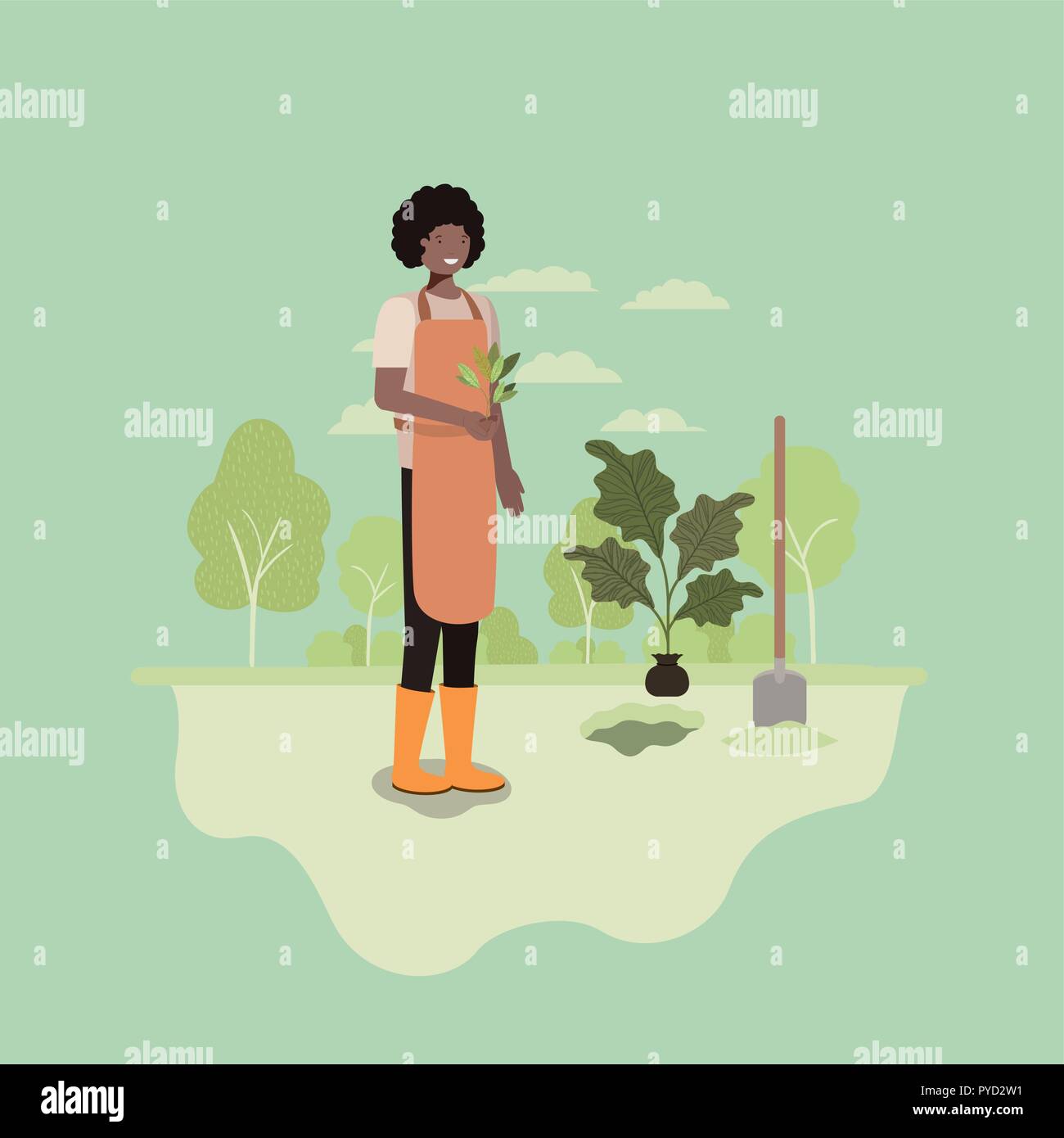 black man planting tree in the park with shovel Stock Vector Image ...